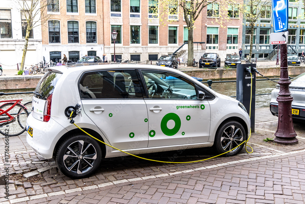 Amsterdam, Netherlands – April 16, 2025: Greenwheels electric car ...