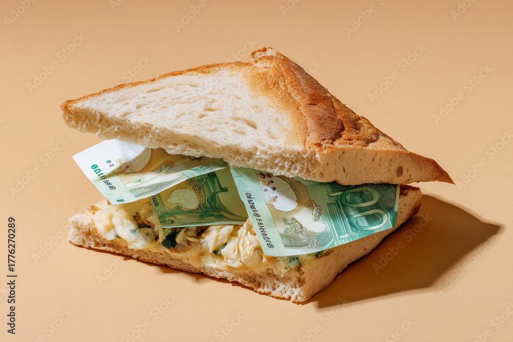 Savory sandwich filled with crisp banknotes symbolizes financial ...