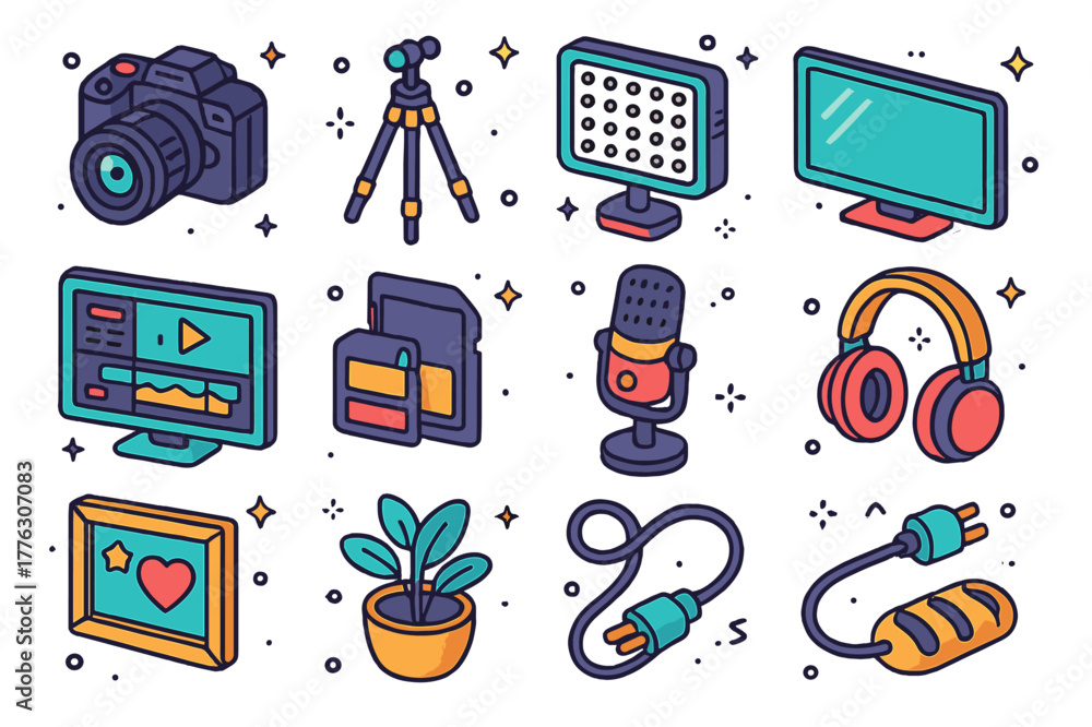 Vlogging Setup Icons. Vlogging setup. Colorful isometric vector icons set of vlogging setup ...