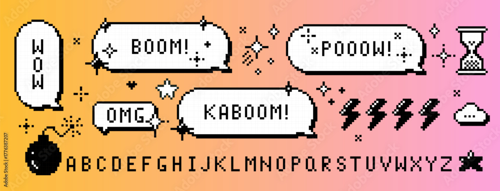 Y2k pixel retro dialogue box set, font, phrases Pow, Kaboom, Wow, Boom ...
