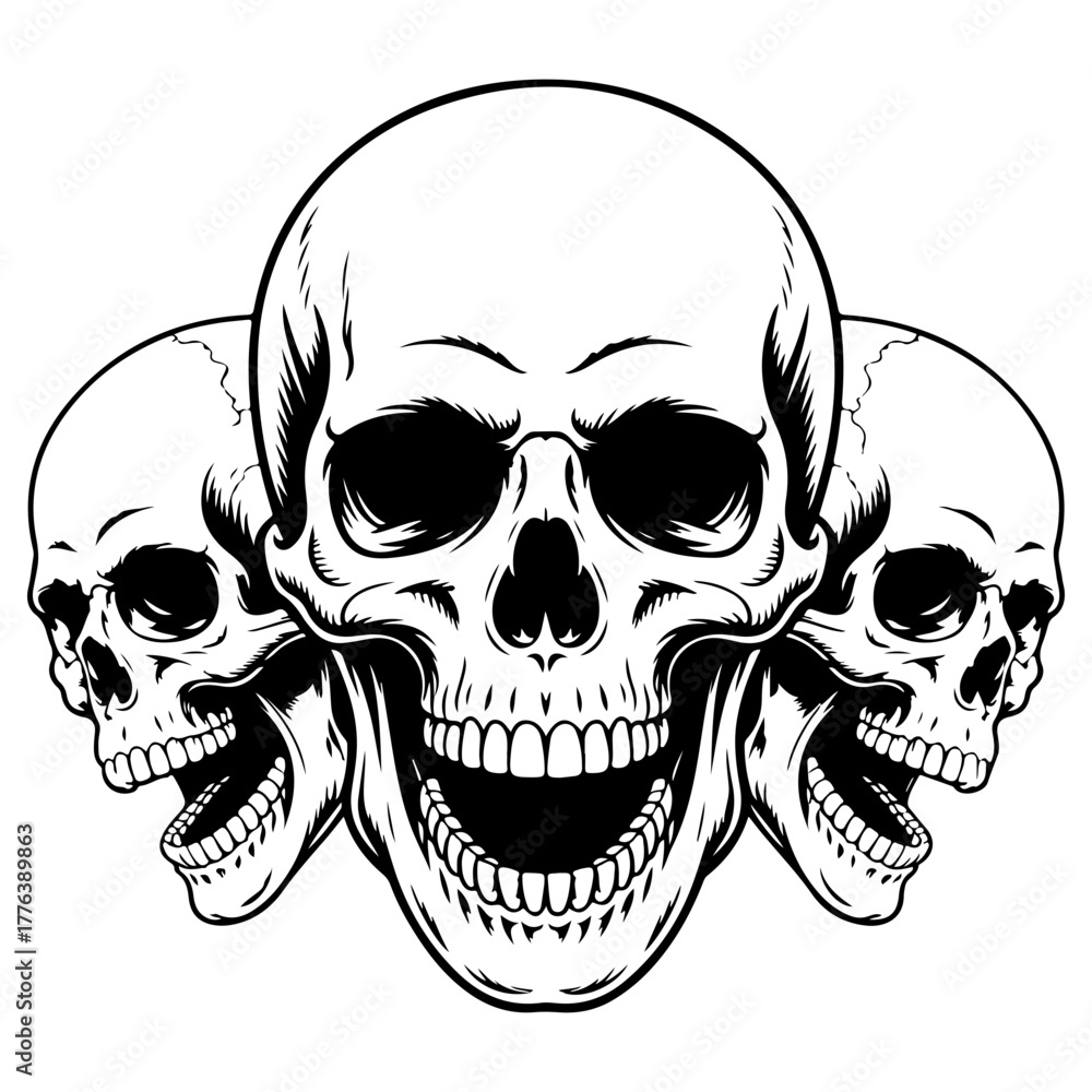 Three detailed human skulls with open mouths, creating a menacing and ...