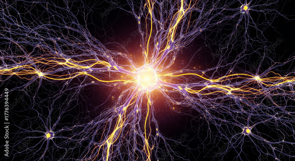 Vibrant digital illustration of a neural network with a central brain ...