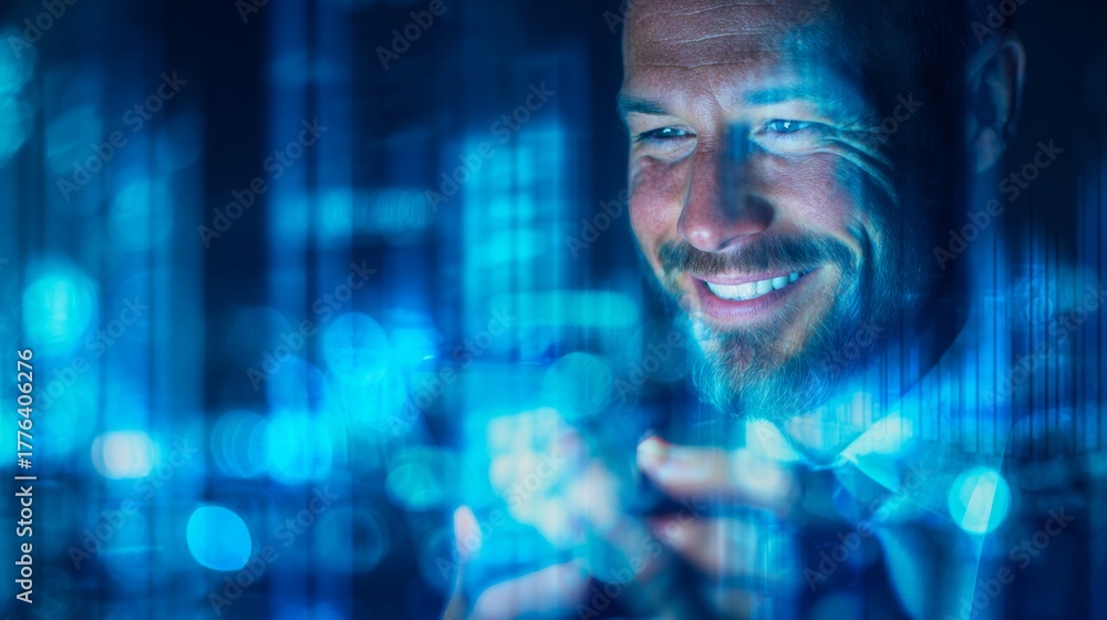 Digital age networking: unveiling a leader's undeniable smile. Glowing ...