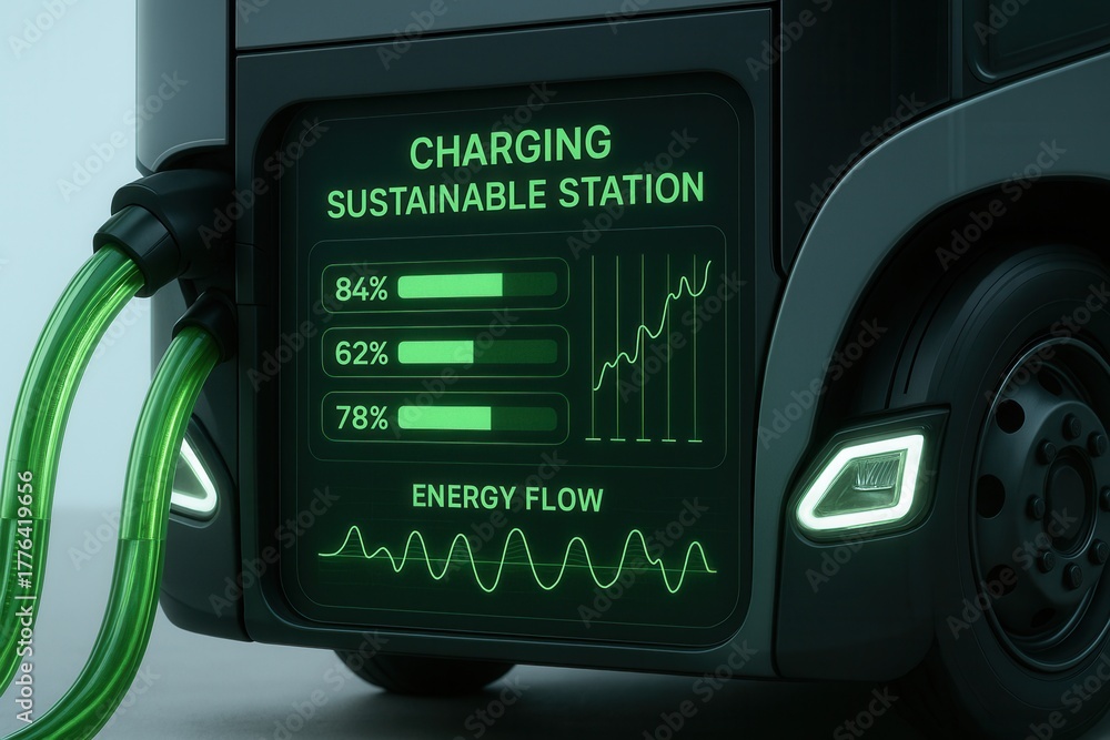 Close-up of an electric truck charging at a sustainable station ...