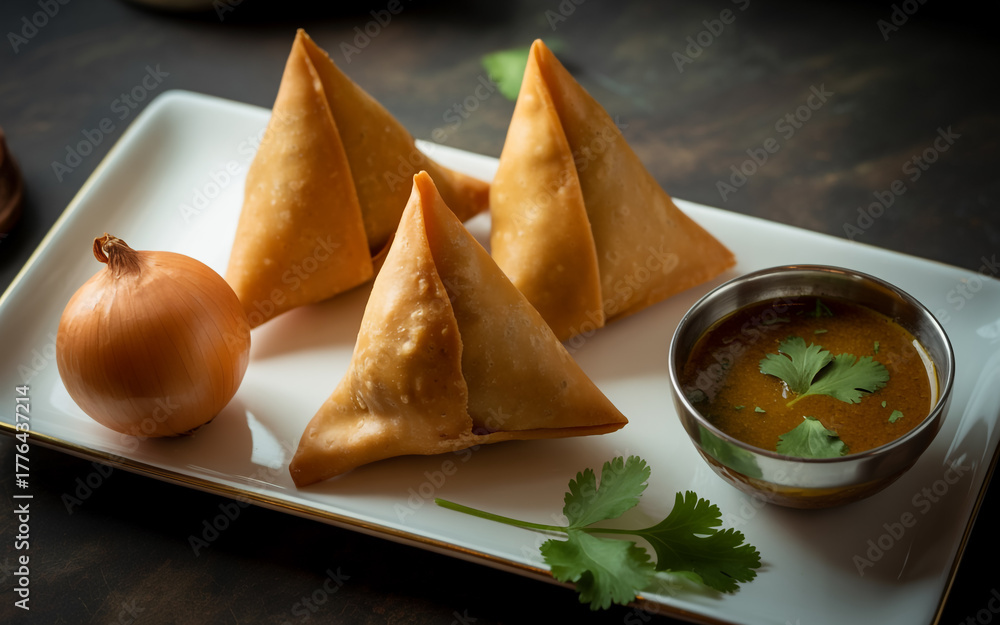 Professional food photo of three golden-brown crispy triangular samosas ...