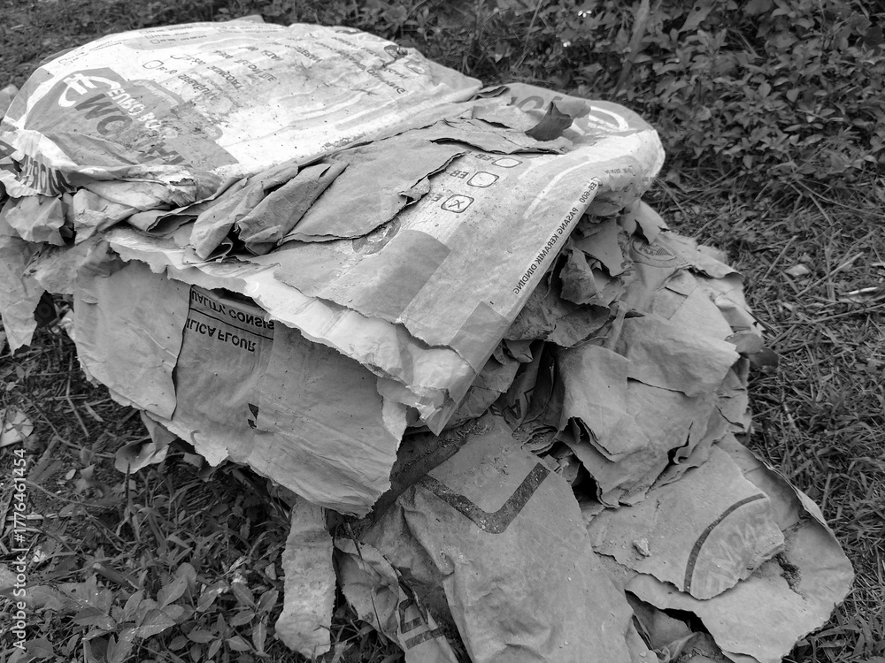 Discarded mortar cement sacks lying on a patch of grass, highlighting ...