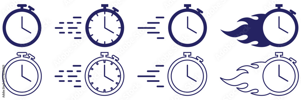 Set of fast clock icons in different motion styles like flame, glitch ...
