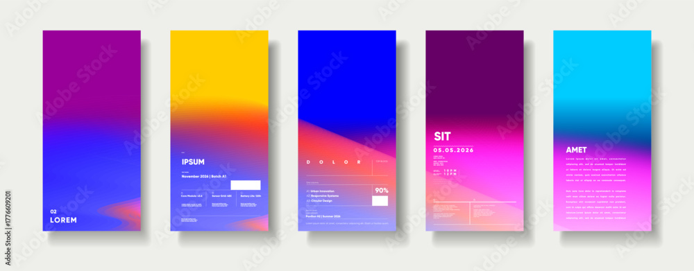 A set of five modern, colorful gradient posters with abstract designs ...