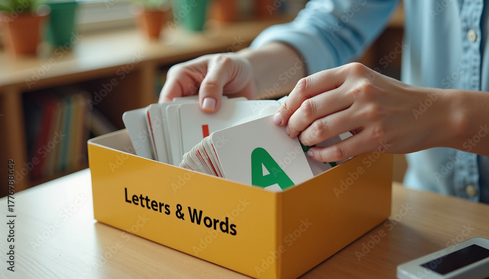 Hands sort through alphabet cards in a box, organizing Letters and ...