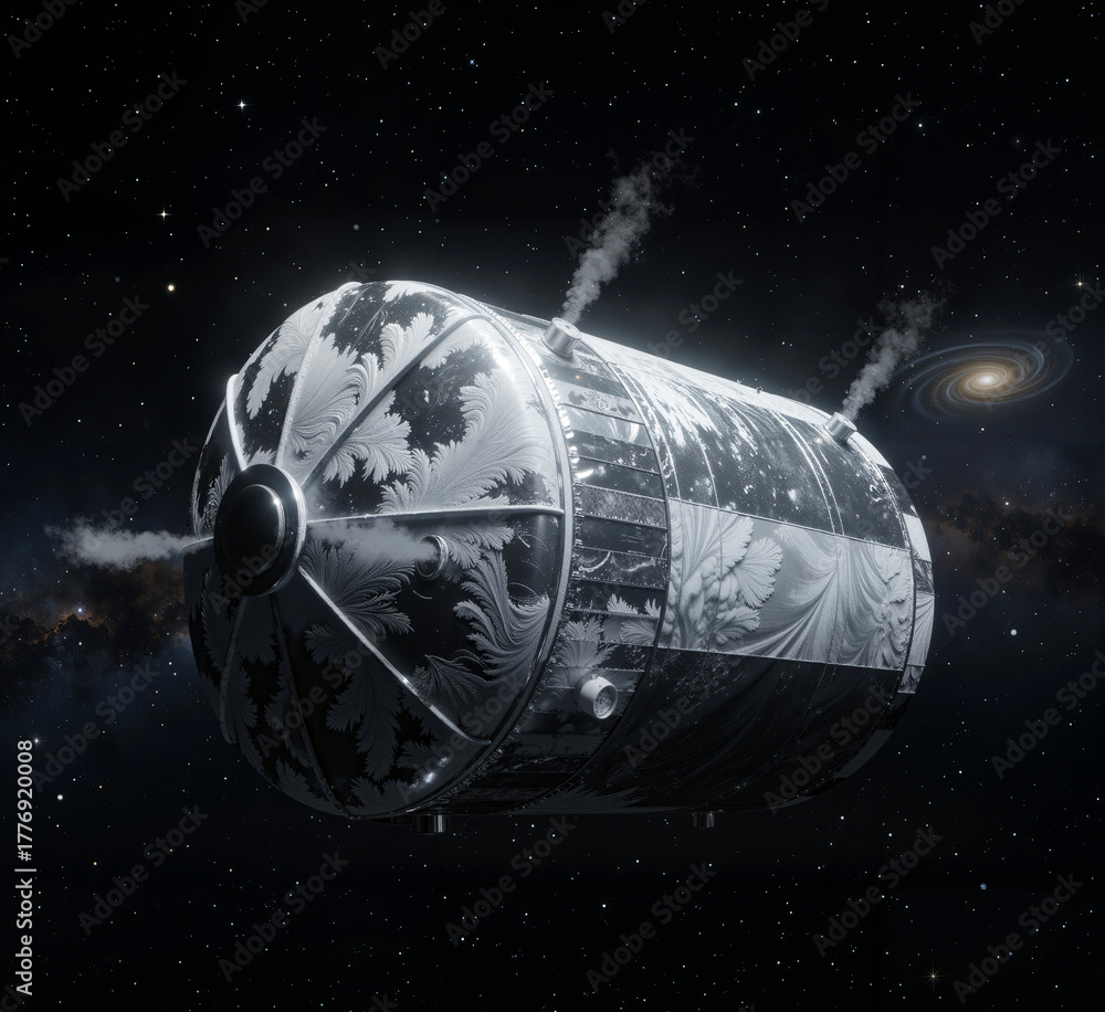 Space vessel covered in frost and ice patterns in deep space. Concept ...
