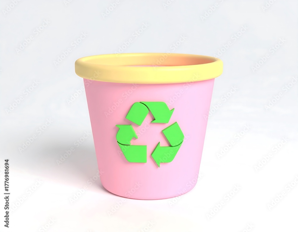 Cute 3d Pink Trash Can with Yellow Rim and Green Recycling Symbol Stock ...