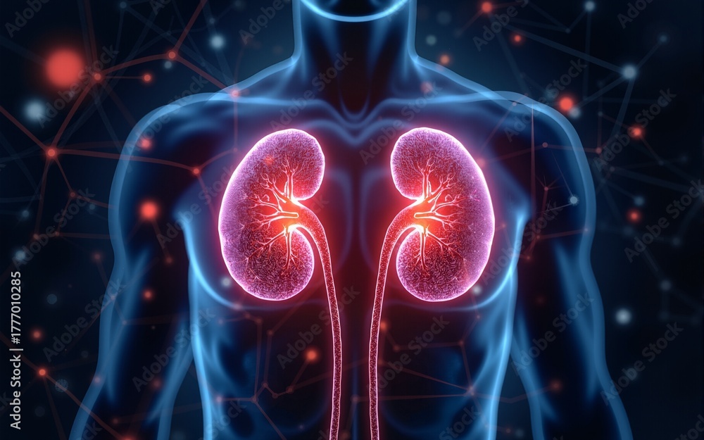 Digital illustration of human kidneys with glowing neural networks ...