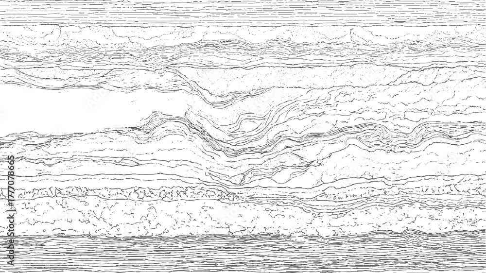 Abstract black and white line art depicting layered geological strata ...