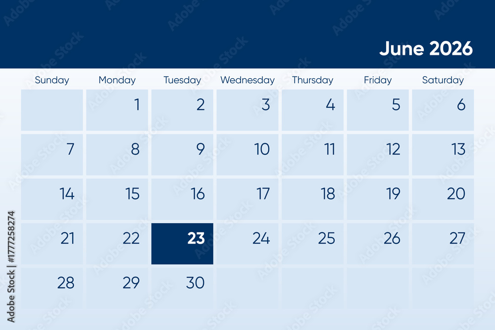 Stock-Illustration „23 June 2026 calendar day design. It shows 2026 ...