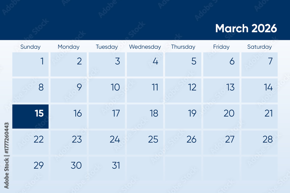 15 March 2026 calendar day design. It shows 2026 March 15 date calendar ...
