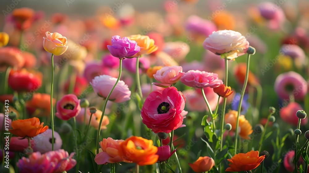 A field of colorful ranunculus flowers blooming in soft light during ...