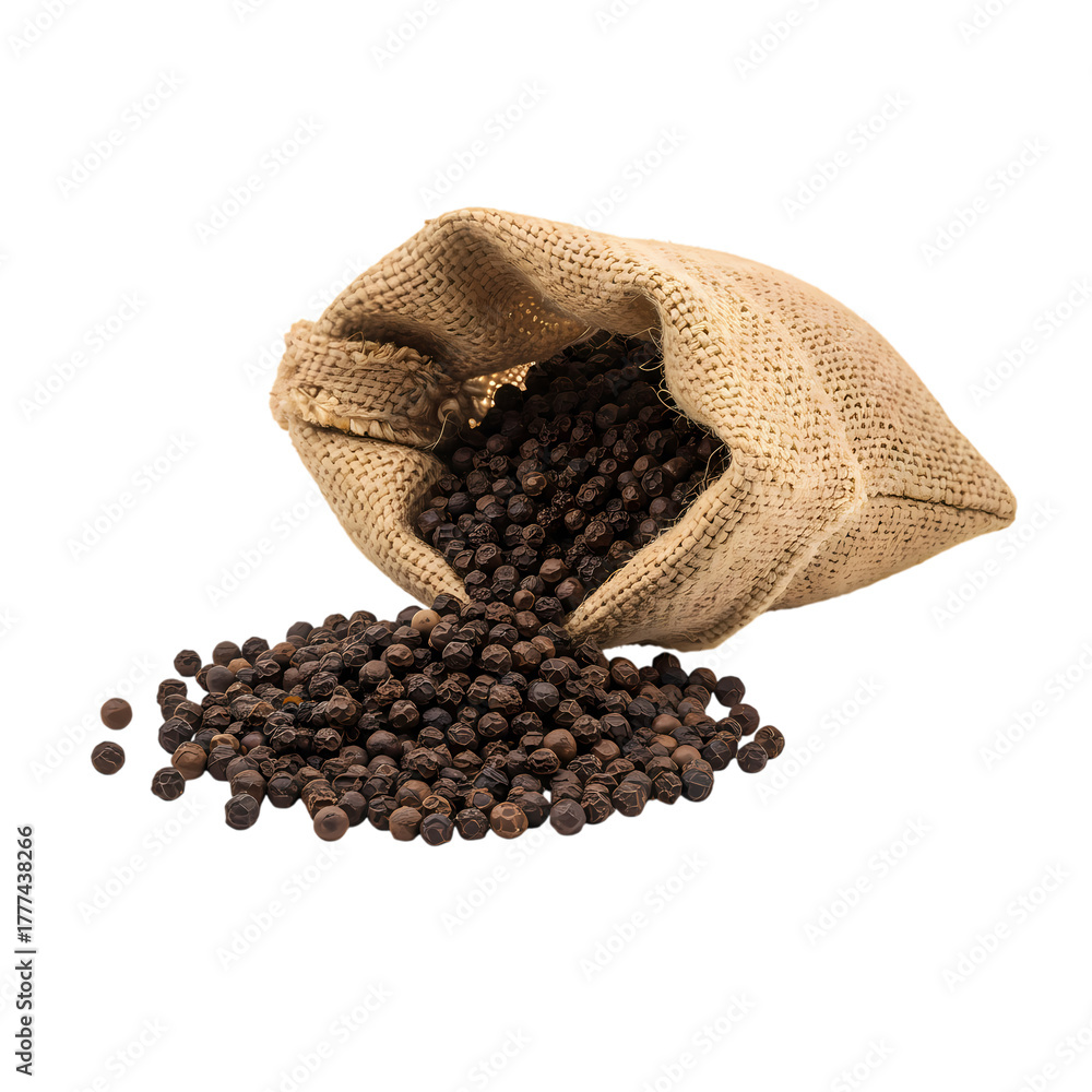 Fresh whole black peppercorns spilling from a rustic jute sack, adding ...