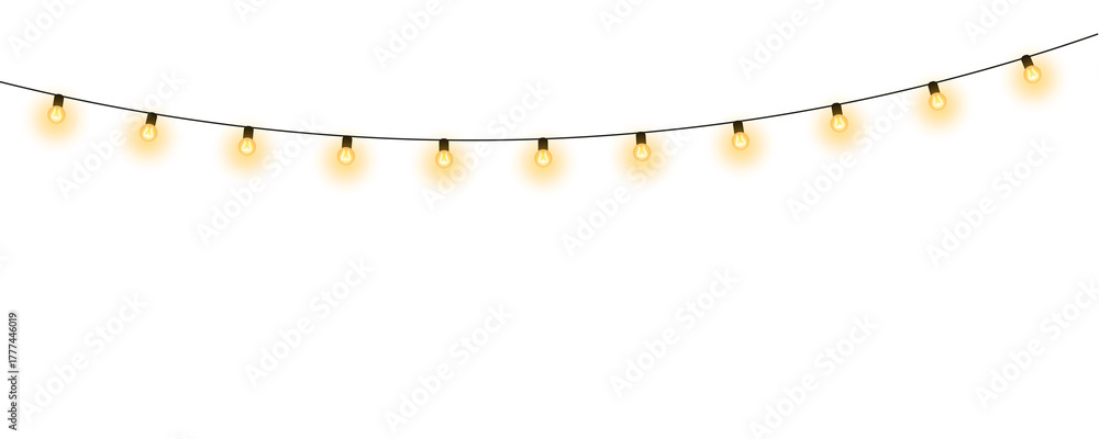 Realistic warm glowing string lights or christmas fairy light overlay ...