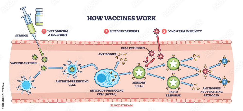 Vaccine mechanism brief diagram shows syringe, antibodies, and memory ...