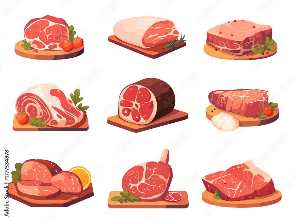 cartoon set of meat products on boards with vegetables and herbs ...