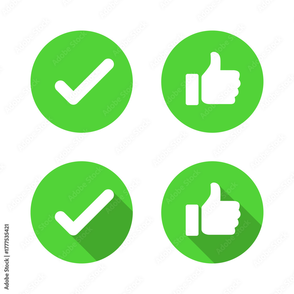 Check mark and thumbs up icon with long shadow. Tick and like symbol ...