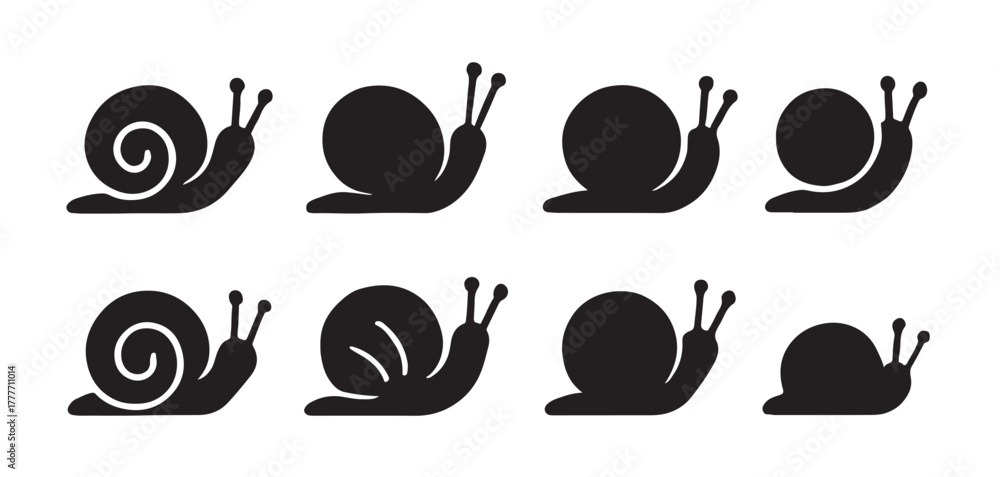Minimalist snail silhouettes and shell icons set, vector graphics. の ...