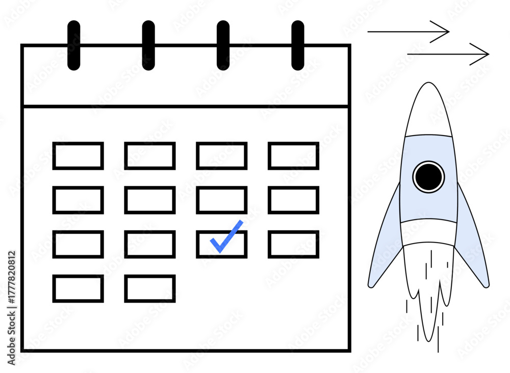 Calendar grid with marked date and ascending rocket. Arrows symbolize ...