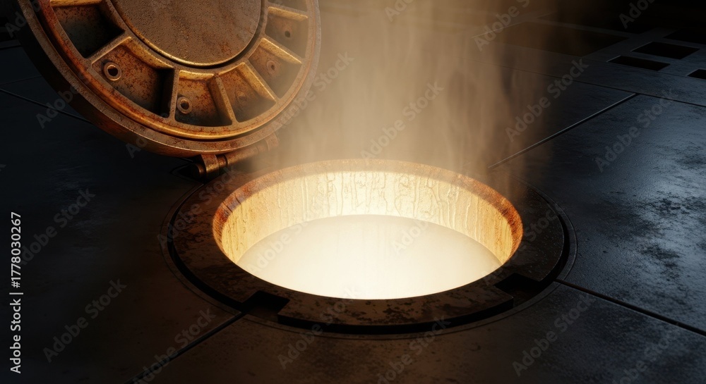 Steam emitting from manhole in the road in industrial environment ...