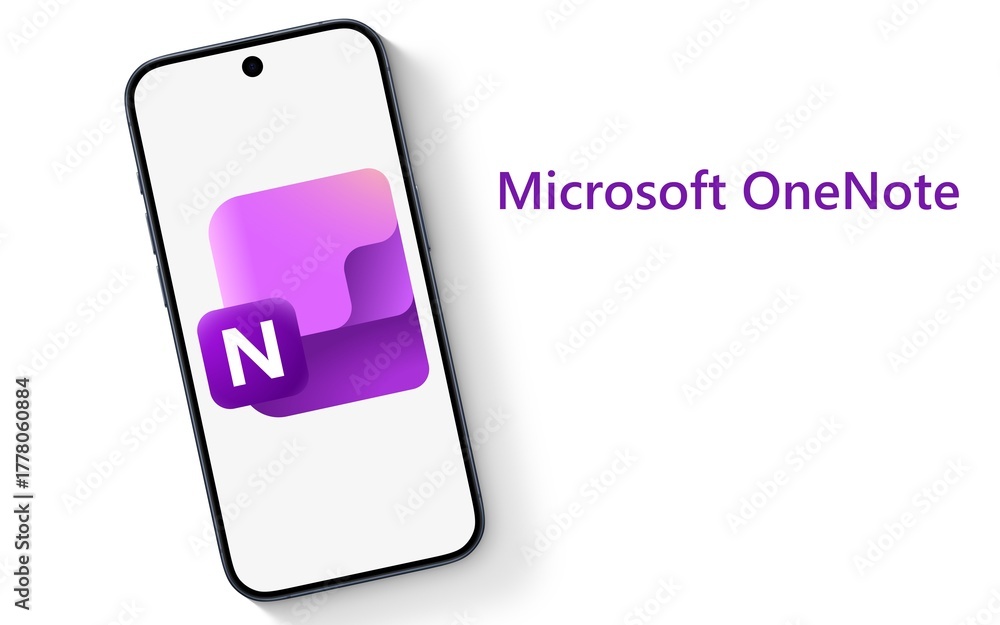 OneNote logo displayed on a modern smartphone, new 2025 logo, white ...