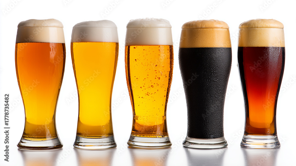 Row of Five Beer Glasses Showing A Range From Pale Ale To Dark Stout ...
