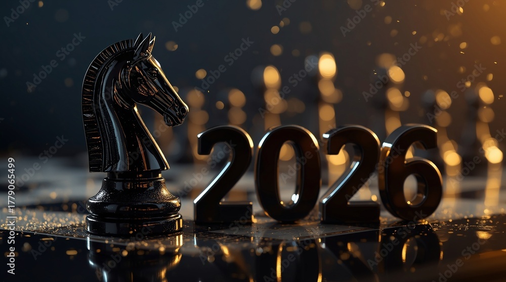 Black chess knight with metallic 2026 numbers on reflective chessboard ...