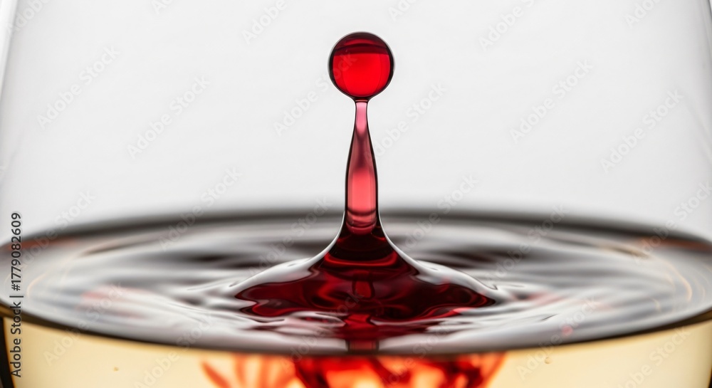Extreme closeup of a single red liquid drop falling into a clear liquid ...