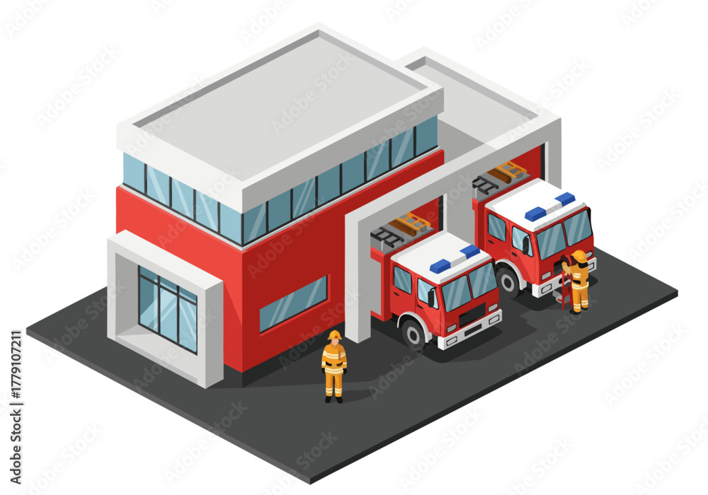 Isometric fire station building with fire trucks and firefighter crew ...