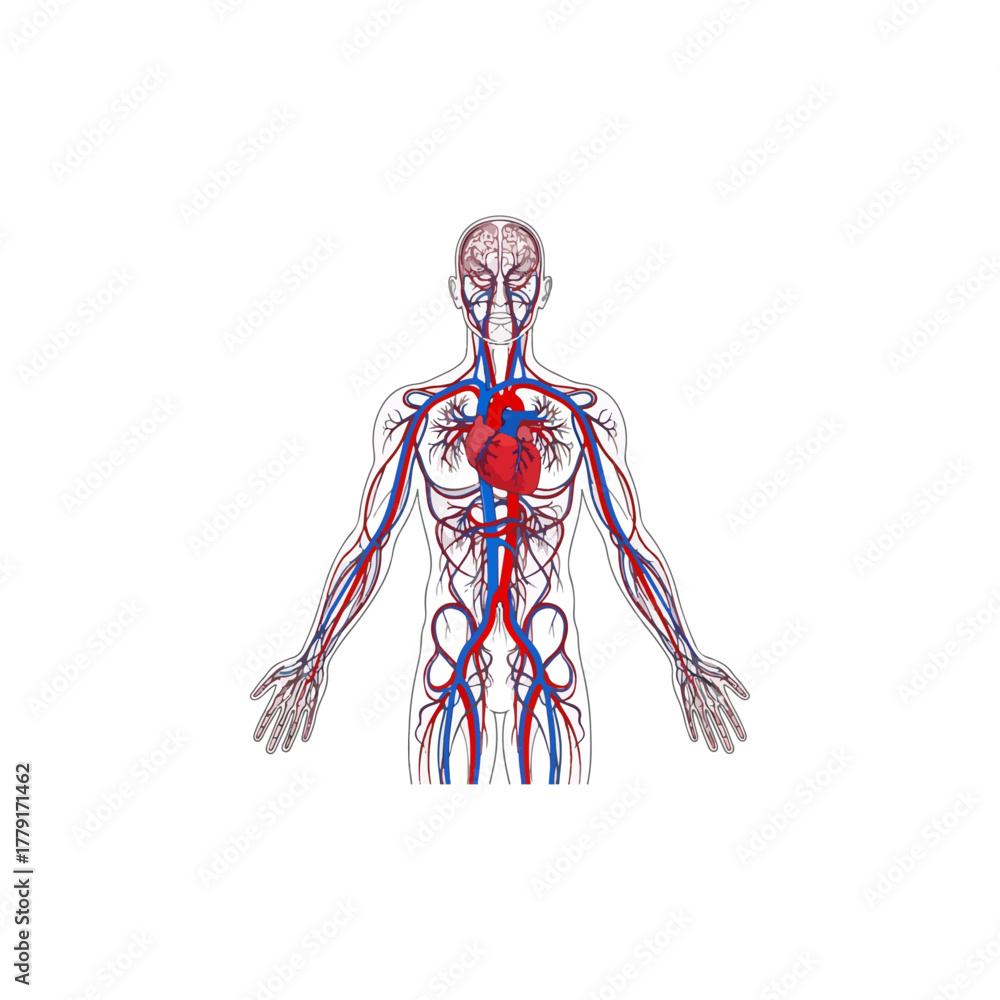 Human circulatory system detailed illustration, blood vessels arteries ...