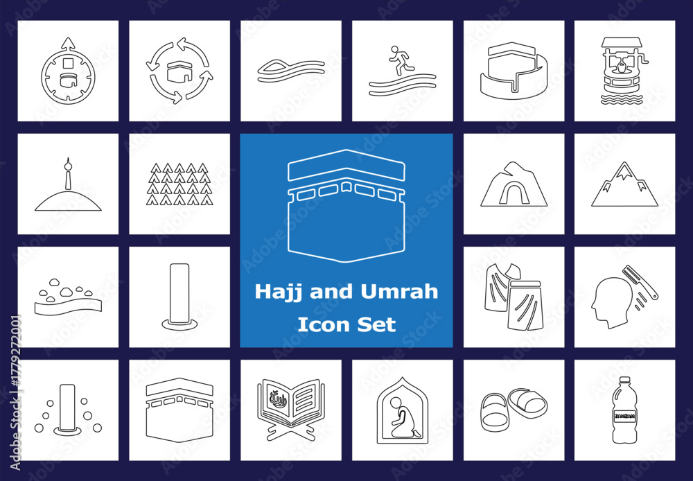 Hajj and Umrah Outline Icons Set - Linear Pilgrimage Symbols. Kaaba ...
