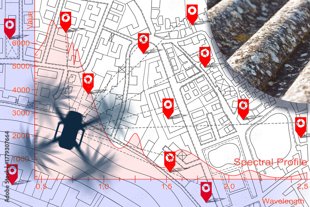 Foto de Stock DRONE SURVEY DETECTING ASBESTOS ROOFS ON CITY MAP ...
