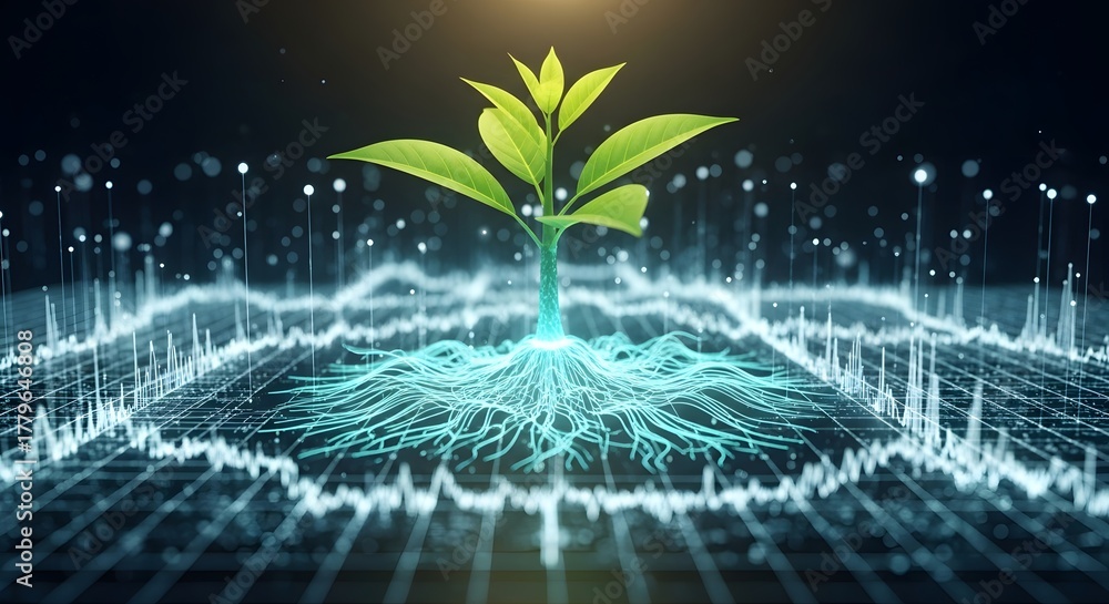 Digital plant with glowing roots growing over a virtual waveform grid ...