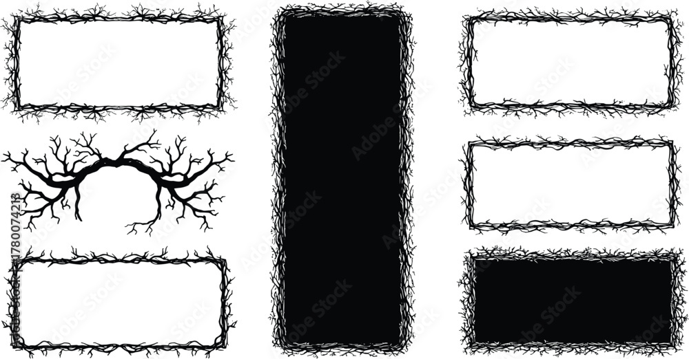 Tangled Black Tree Branch Frame Vector Set, Spooky Halloween Border ...