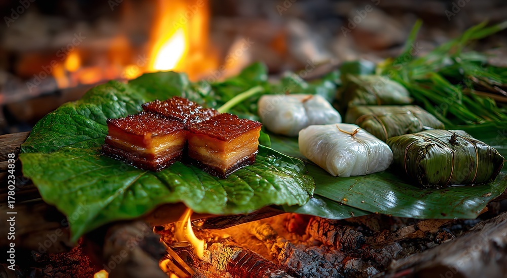 Delicious Filipino cuisine Lechon Kawali and suman simmering over an ...