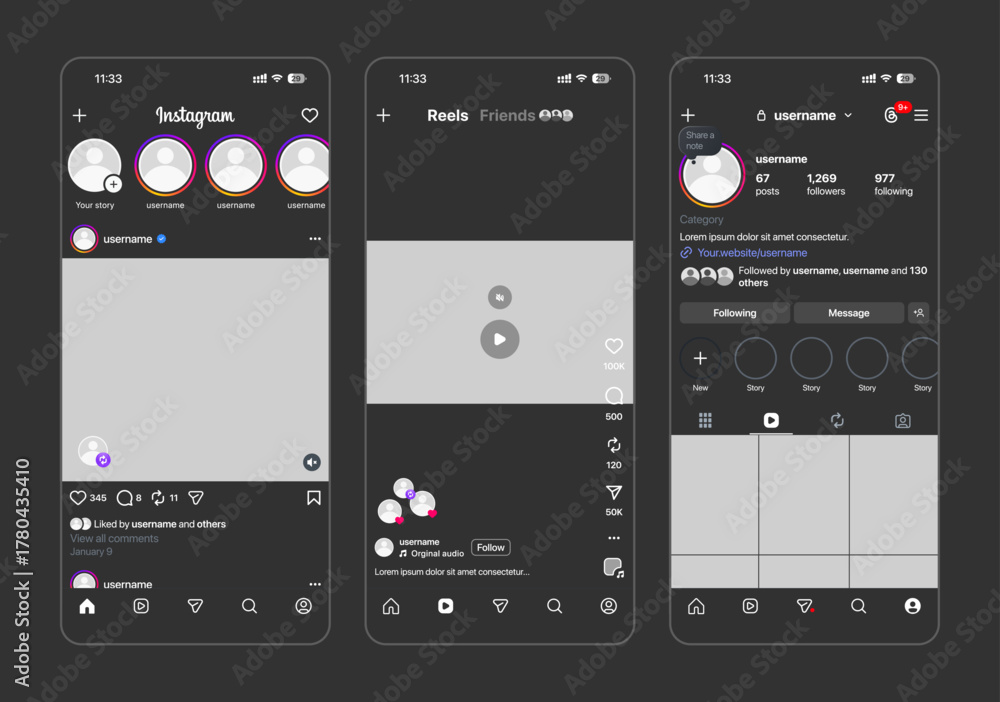 เวกเตอร์ Stock Instagram app UI template 2026 update shown on iPhone 17 ...