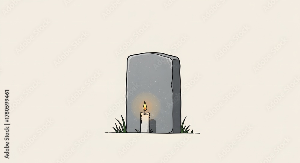 Solemn Candlelight Vigil: Cartoon Tombstone with Flickering Flame of ...