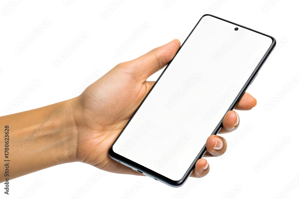 Hand holding a blank screen mobile phone isolated on white Stock Photo ...