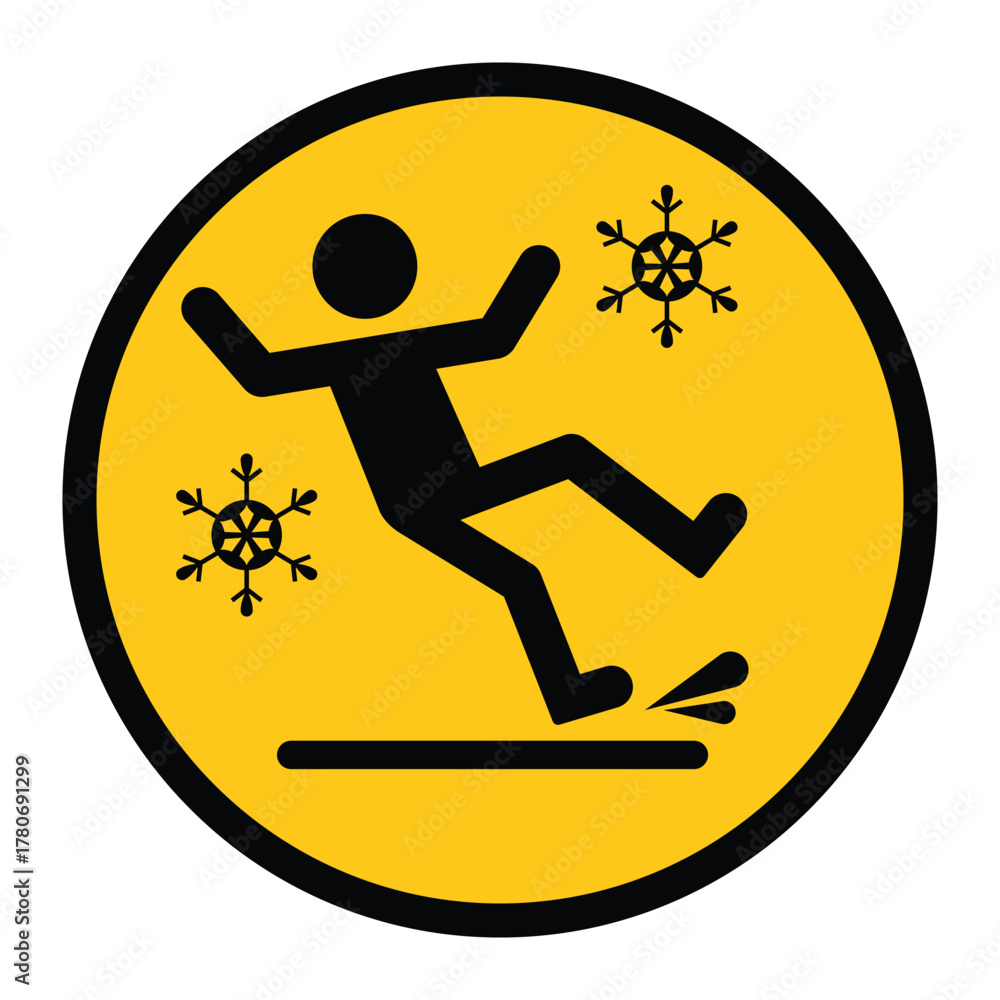 Circular yellow warning sign showing a person slipping on ice with ...