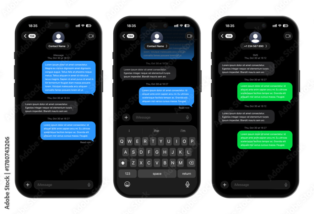 Стоковий вектор iPhone Messages app UI 2026 update with Liquid Glass iOS 26 design. Modern chat ...
