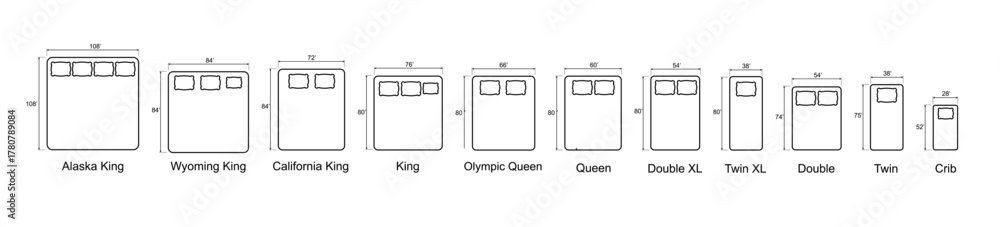 Bed Sizes and Mattress Dimensions . Pictograms depict icons of bed ...