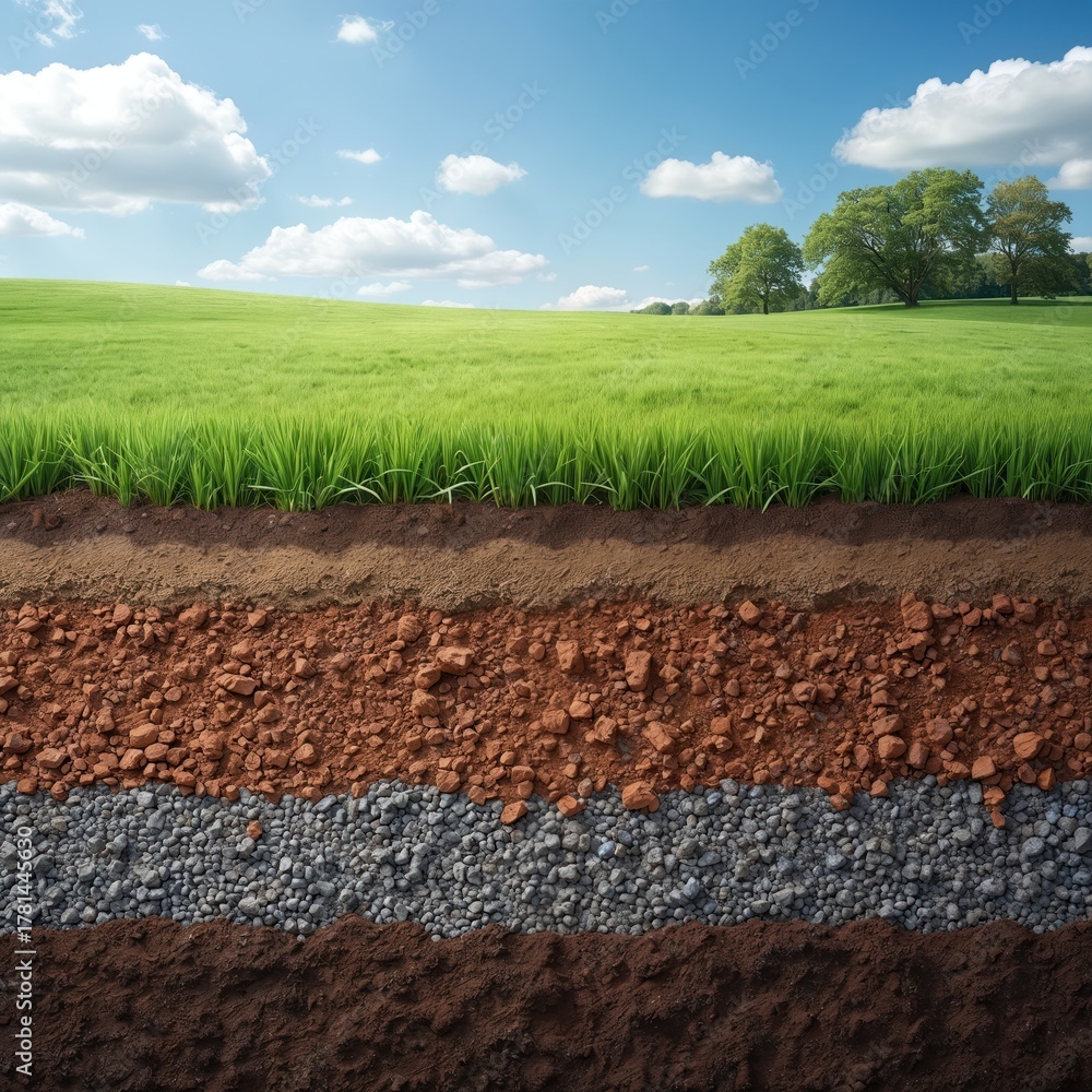 Cutaway of soil layers showing topsoil grass and subsoil strata. Earth ...