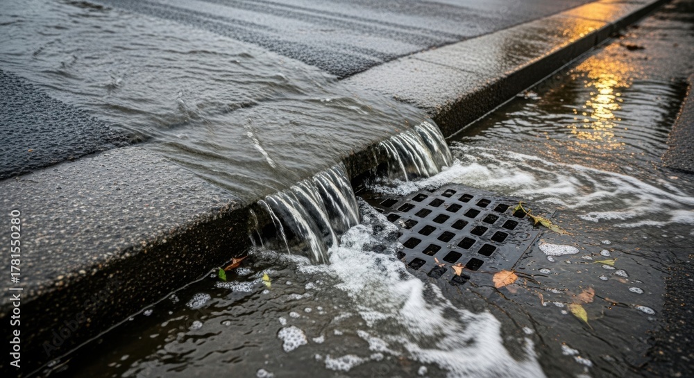 Photo Stock Water runoff flows into storm drain near concrete curb ...