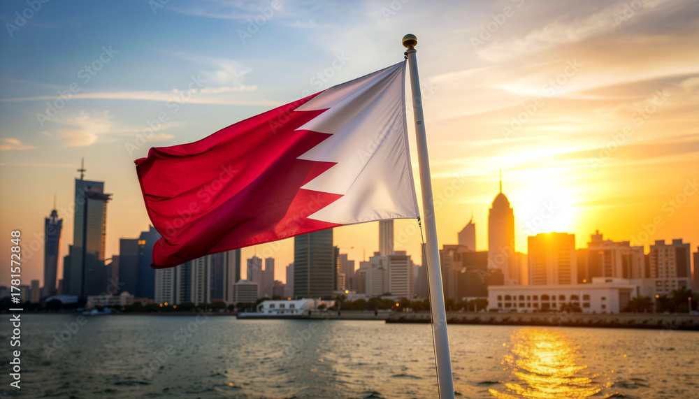 Bahrain flag waves proudly against a stunning sunset cityscape ...