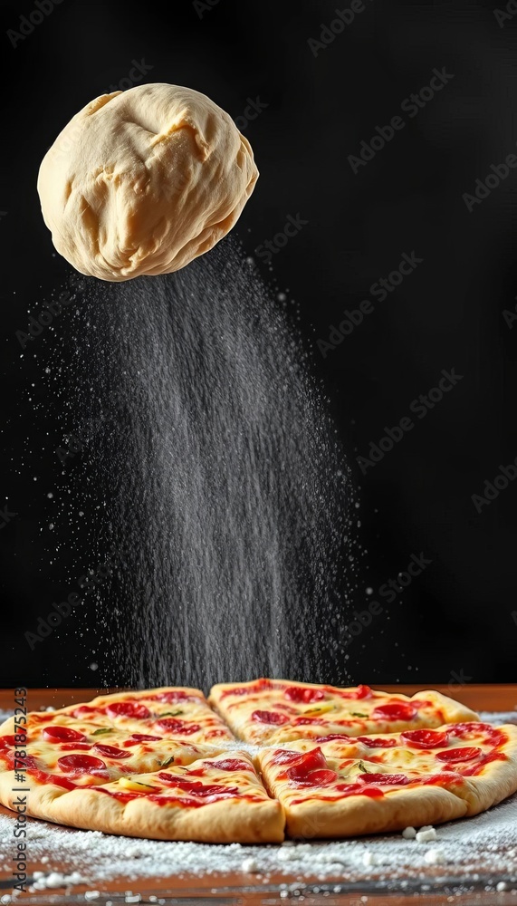Photo Stock Tossing pizza dough in the air, flour dusting the air ...