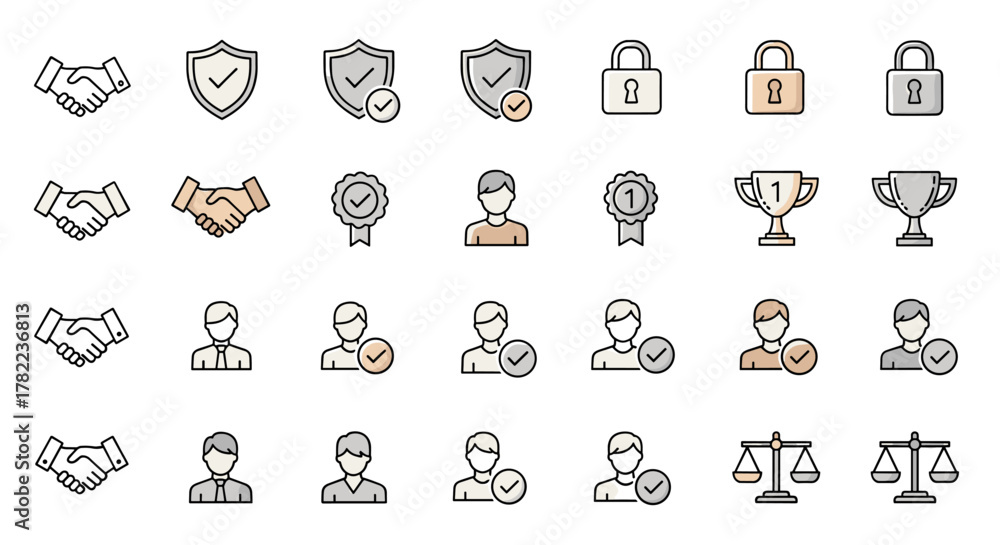 Collection of trustworthiness icons in a line art style, featuring ...